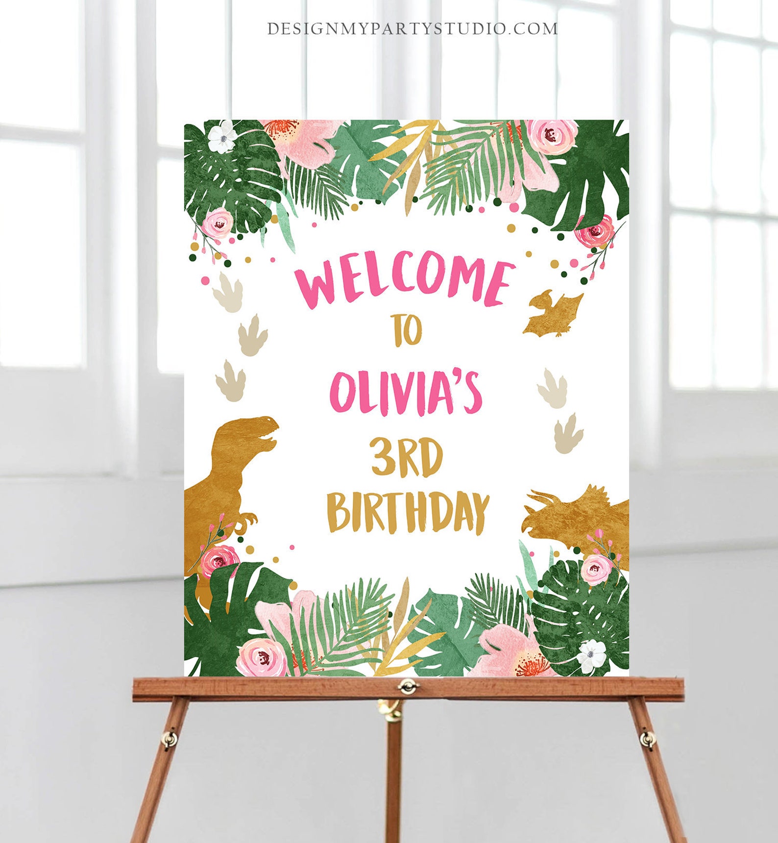 Editable Dinosaur Welcome Sign Girl Pink and Gold Dino Party - Etsy