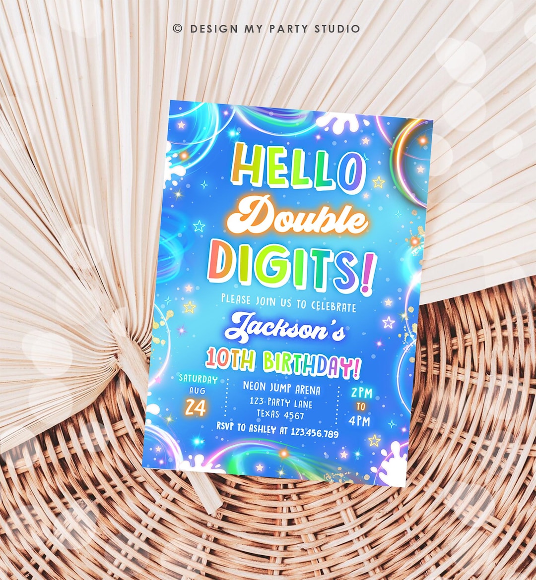 Editable Hello Double Digits Birthday Invitation Neon Glow Disco Boy ...