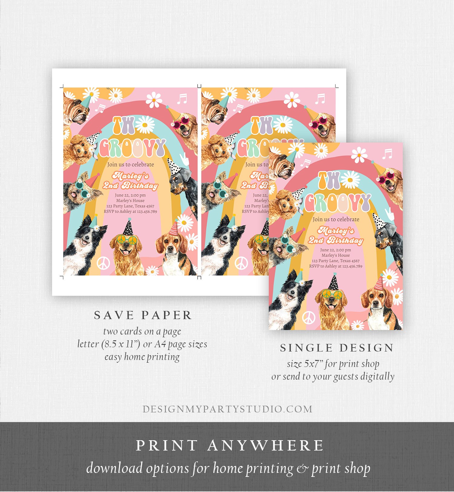 Editable Two Groovy Dog Birthday Party Invitation Retro Puppy - Etsy