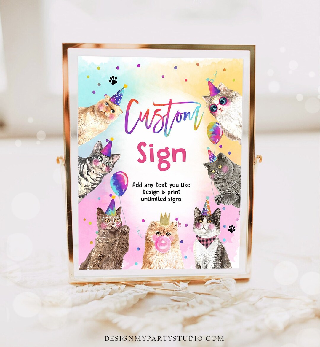 Editable Custom Sign Cat Birthday Kitten Birthday Party Sign Girl Pawty ...