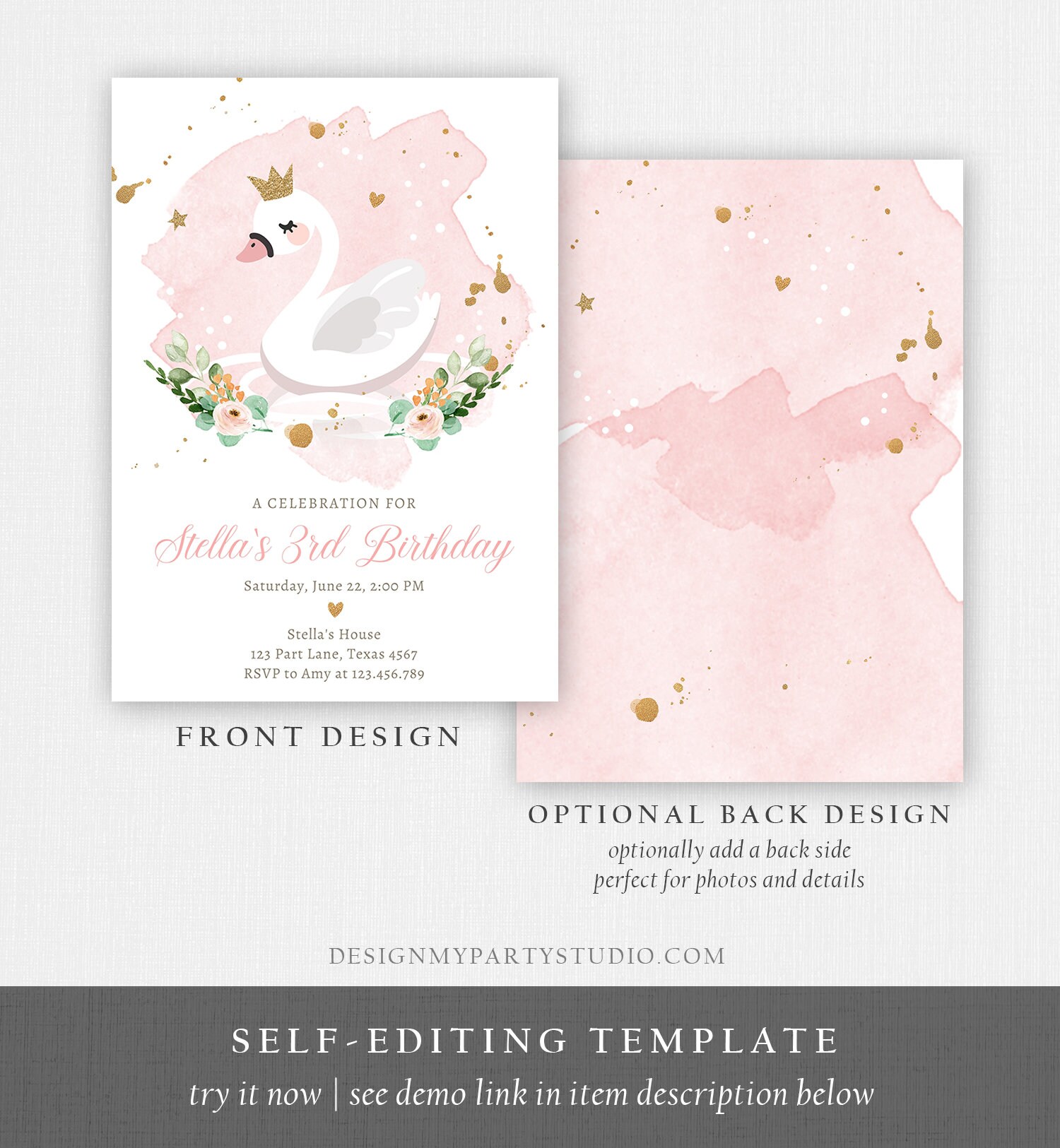 Editable Swan Birthday Invitation Girl Swan Princess Birthday | Etsy