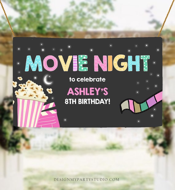 Editable Movie Night Birthday Backdrop Banner Movie Night Welcome Sign ...