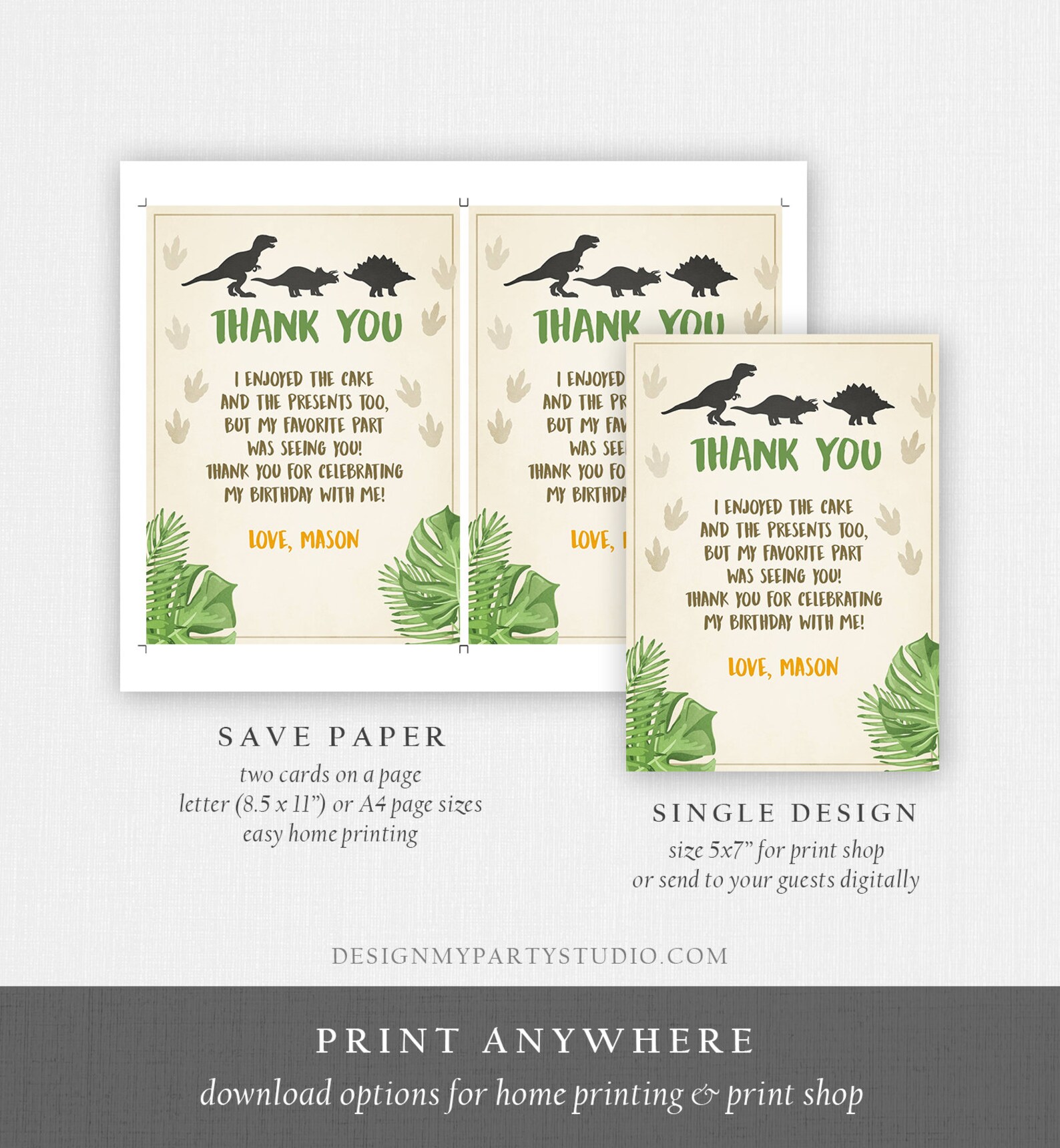 Editable Dinosaur Thank You Card Boy Prehistoric Dino Dig | Etsy