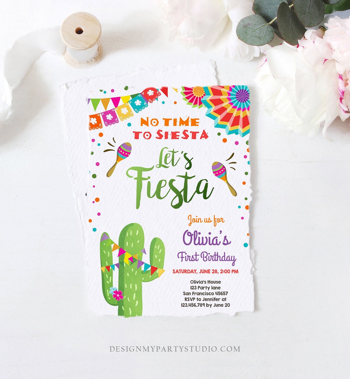 Editable Let's Fiesta Birthday Invitation No Time to Siesta Girl Cactus ...
