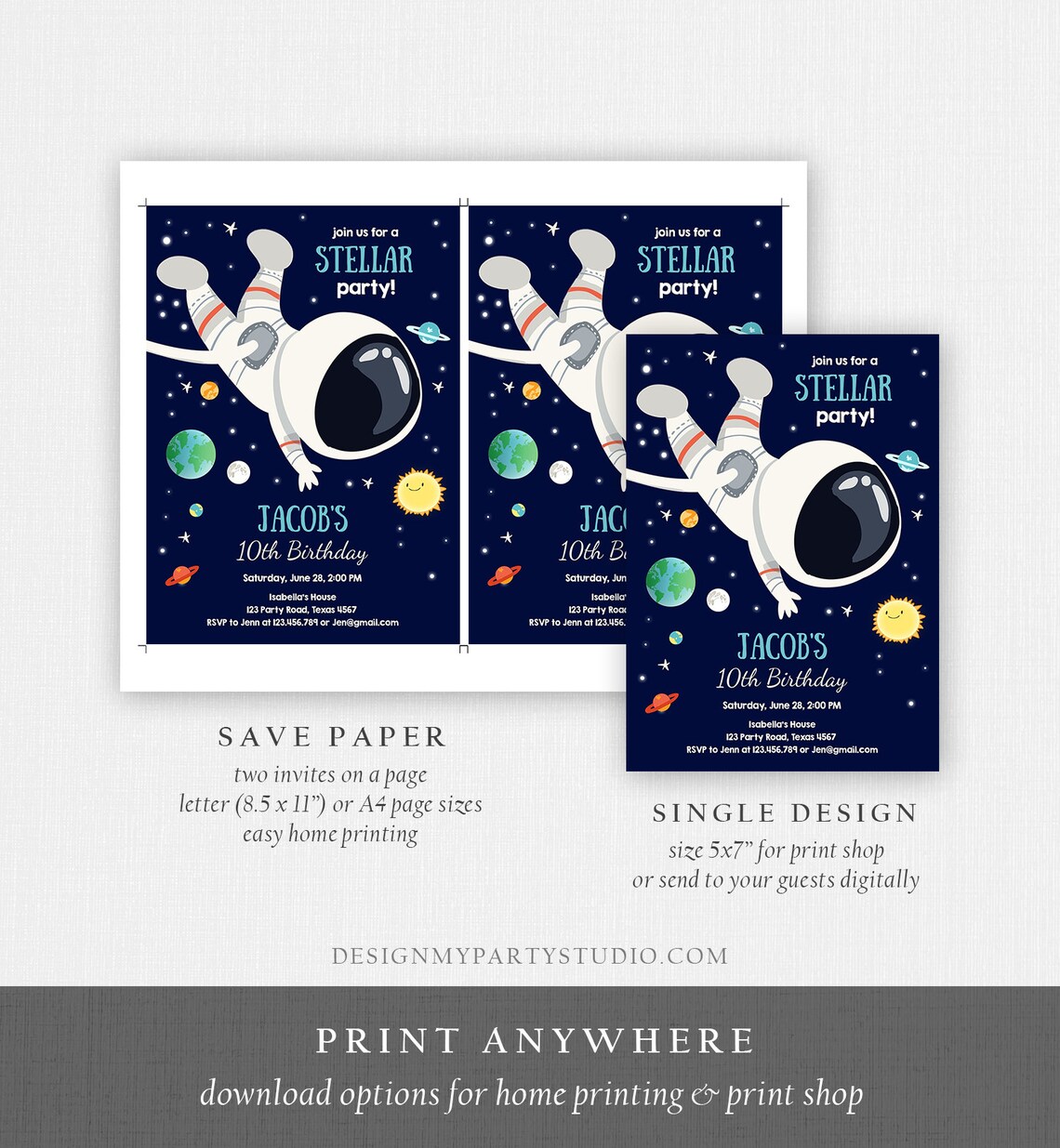 Editable Boy Space Birthday Party Invitation Outer Space Galaxy Planets ...