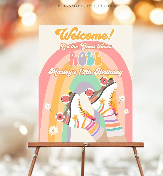 Editable Roller Skate Birthday Welcome Sign Retro Skating Birthday Girl ...