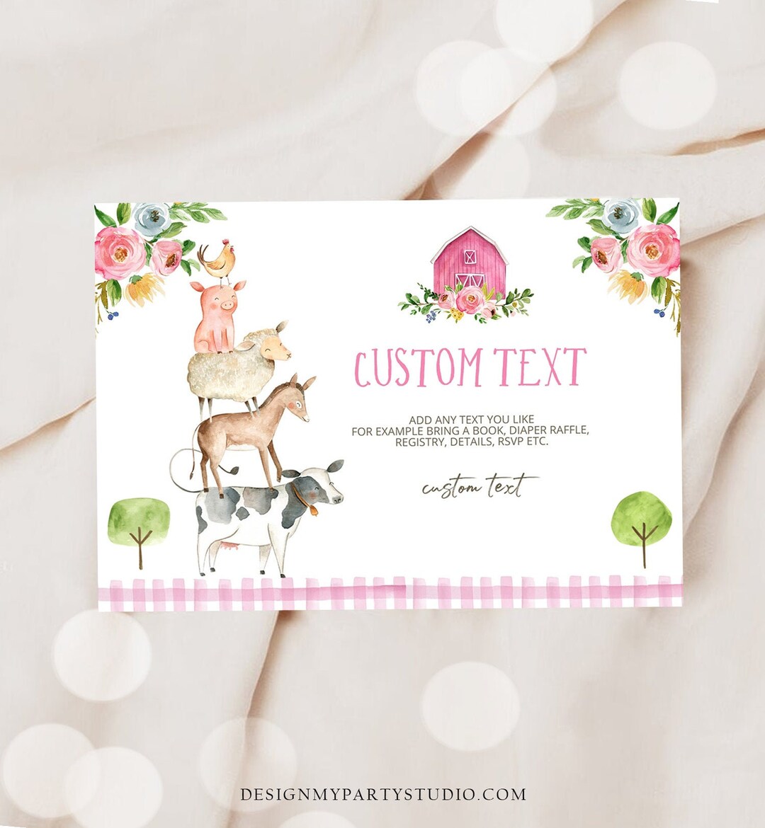 Editable Note Card Farm Birthday Girl Farm Animals Insert Card - Etsy