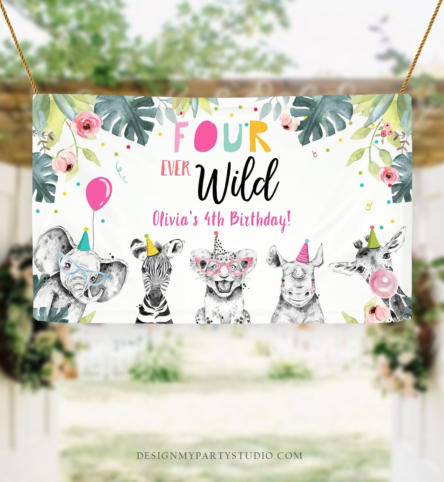 Editable Four Ever Wild Party Animals Backdrop Banner Fourth Birthday ...