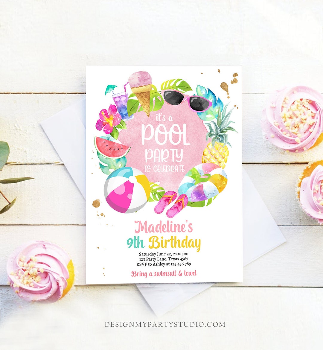 Editable Tropical Pool Party Birthday Invitation Splish Splash Birthday ...