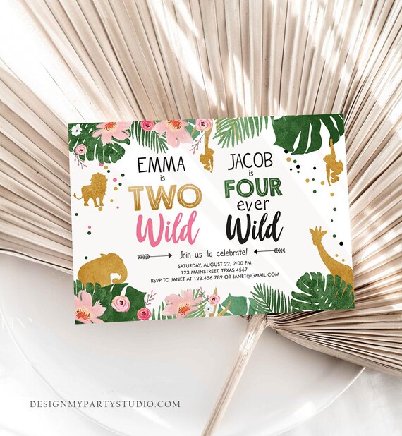Editable Two Wild Birthday Invitation Four Ever Wild Boy Girl Safari ...