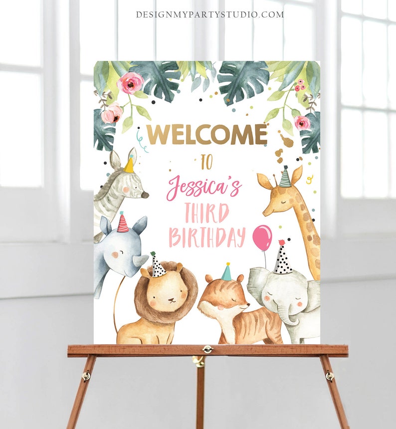 Editable Safari Animals Welcome Sign Party Animals Sign Zoo Safari Pink ...