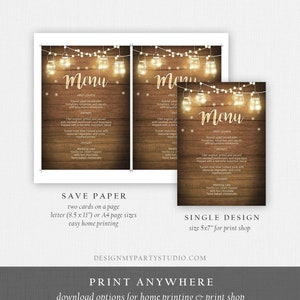 Editable Rustic Menu Card Wedding Shower Birthday Party Outdoor Lights ...