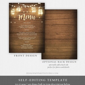 Editable Rustic Menu Card Wedding Shower Birthday Party Outdoor Lights ...