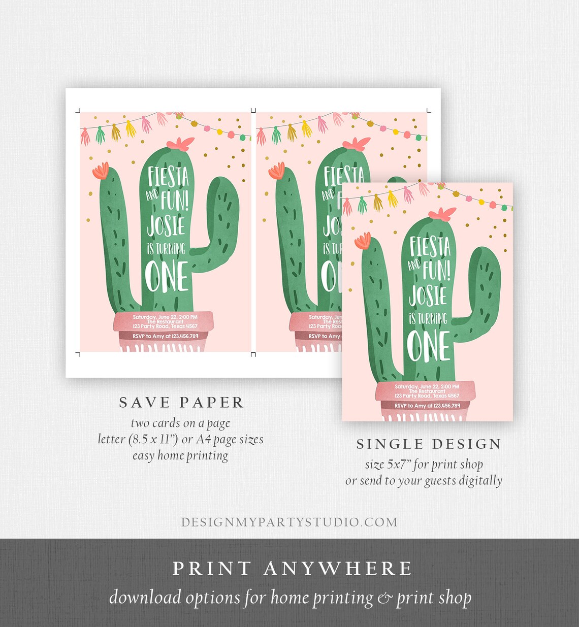 Editable Cactus Fiesta Birthday Invitation Girl Pink First | Etsy