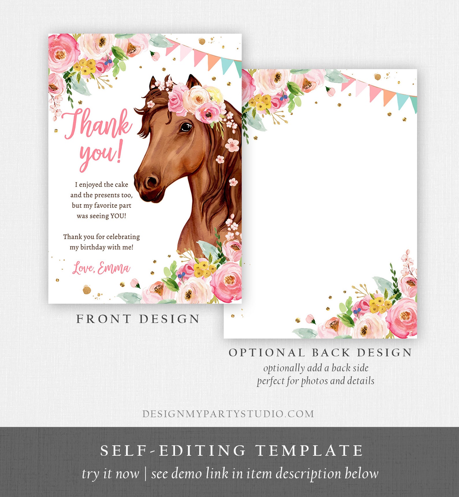 Editable Horse Thank You Card Note Girl Birthday Party Cowgirl ...