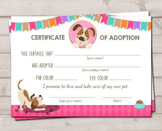 Pet Adoption Certificate Puppy Adoption Dog Birthday Pawty Puppy Party 