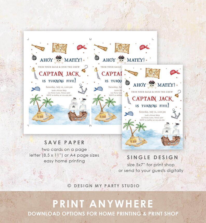 Editable Ahoy Matey Pirate Birthday Invitation Pirates Party Nautical ...