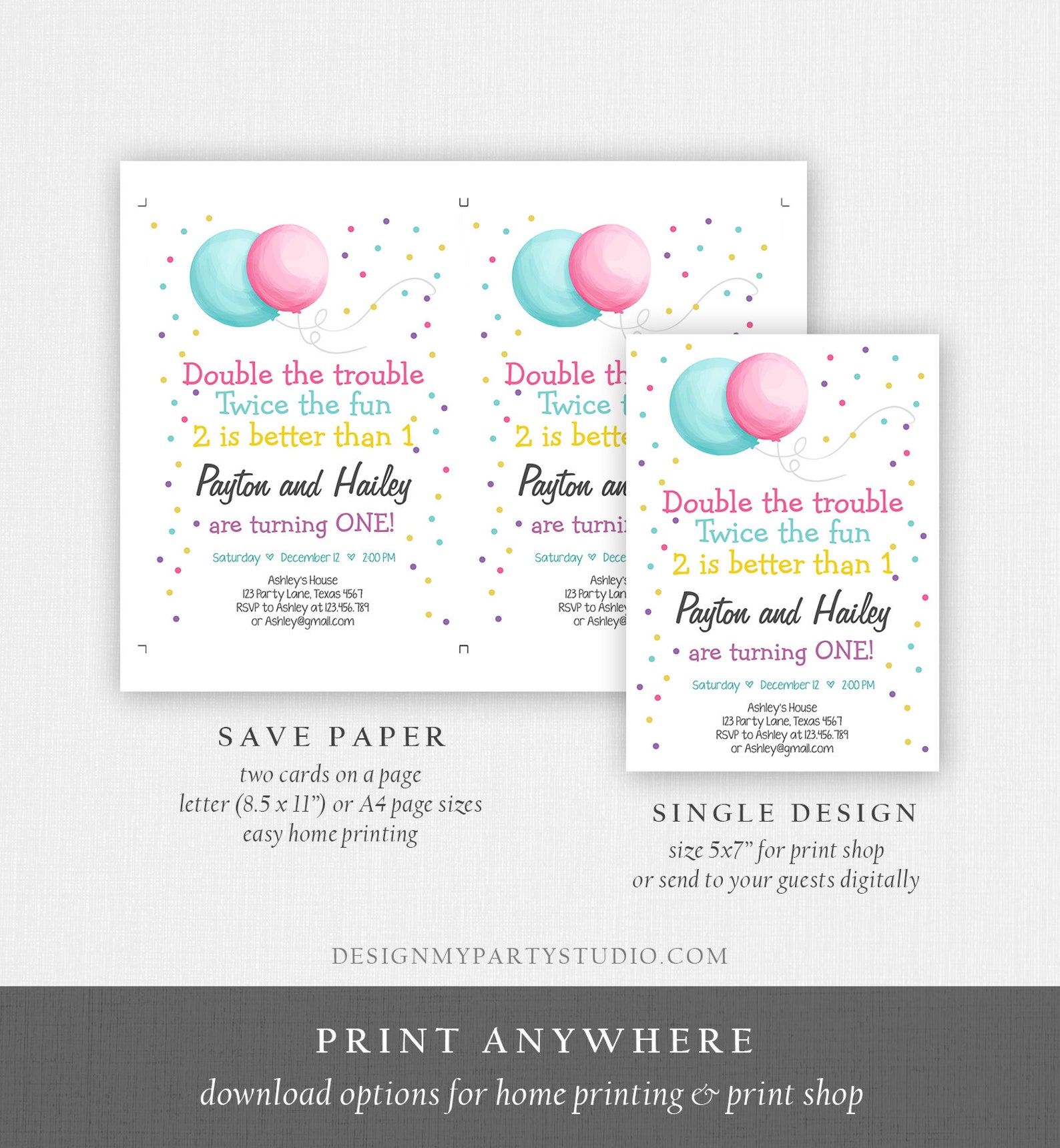 Editable Joint Twin Birthday Invitation Twins Birthday Party Dual Joint ...