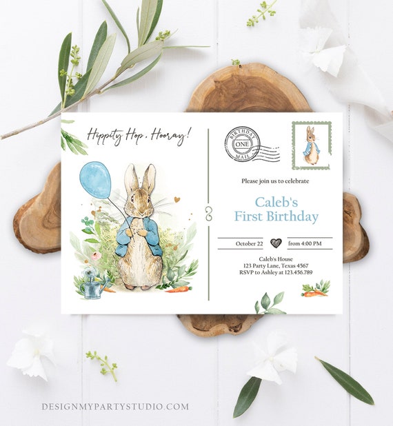 Editable Peter Rabbit Birthday Invitation Boy Blue Rustic Peter Rabbit ...