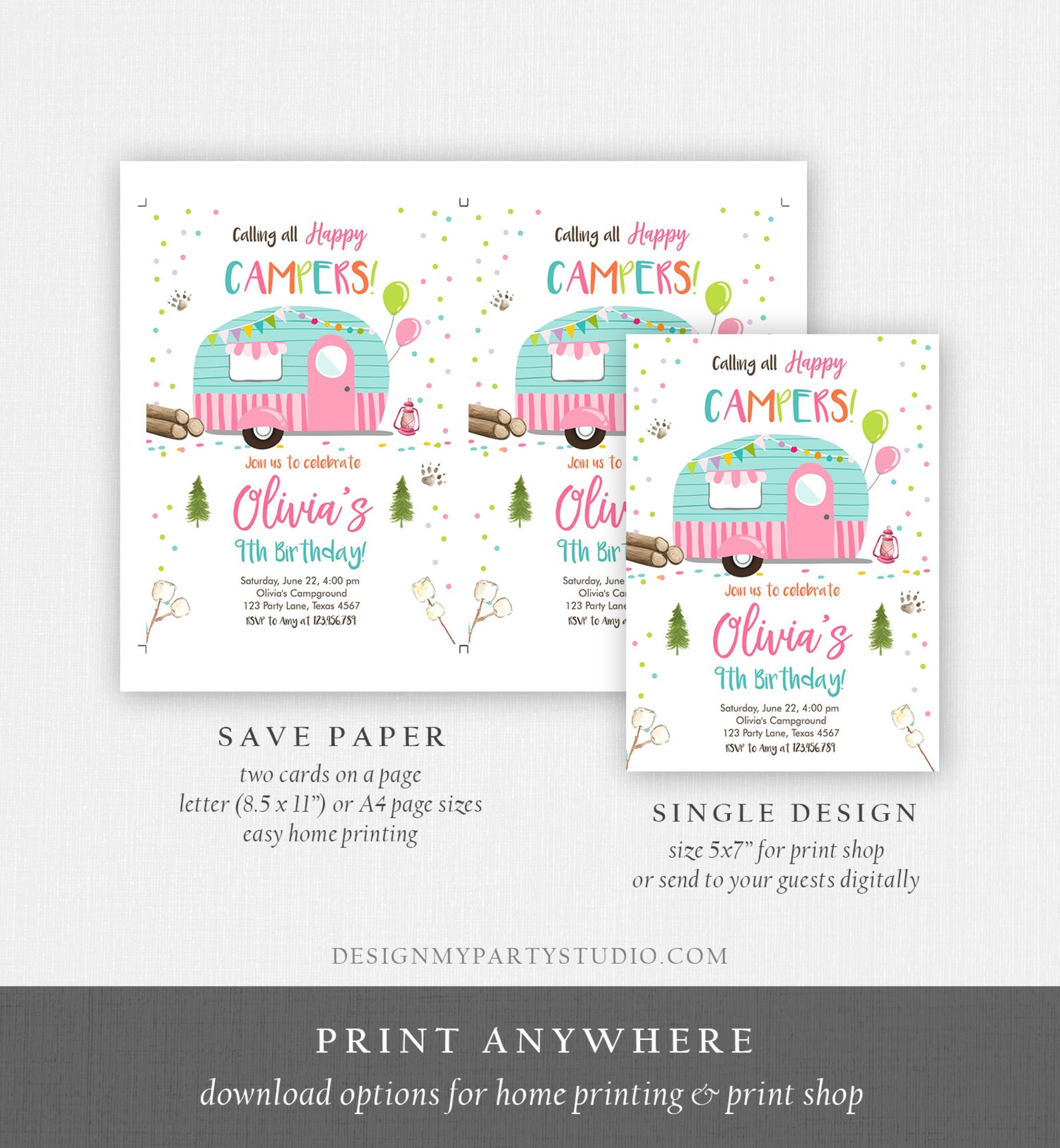 Editable Happy Camper Birthday Invitation Girl Pink Camping Party Pink ...