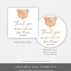 Editable Boho Teddy Bear Favor Tags Thank You Beary Much Round Sticker ...