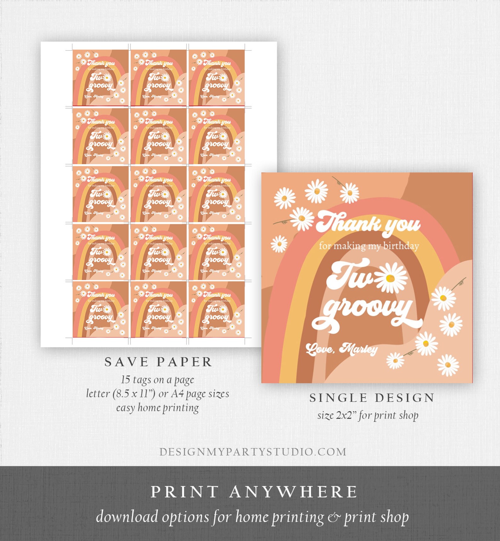 Editable Two Groovy Favor Tags Retro Daisy Birthday Thank You - Etsy