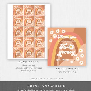 Editable Two Groovy Favor Tags Retro Daisy Birthday Thank You Sticker ...