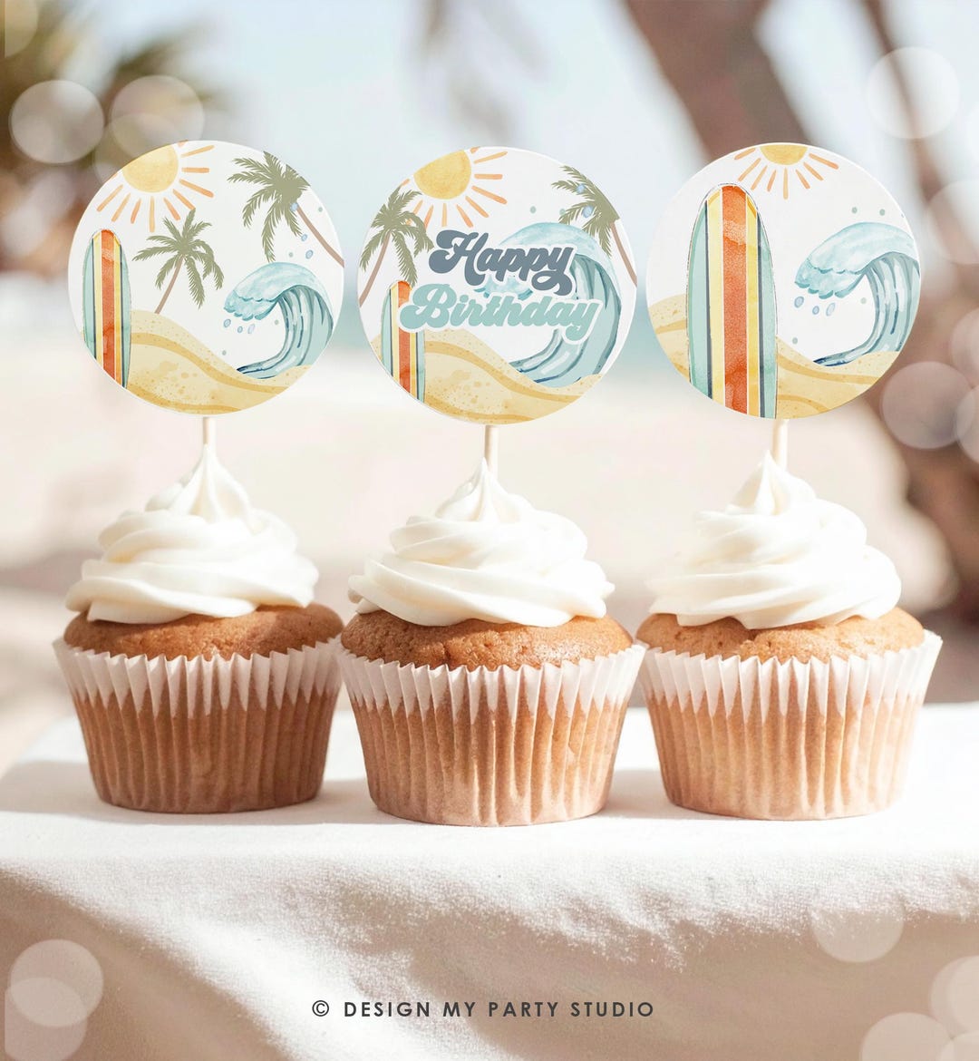 Surf Birthday Cupcake Toppers Beach Surfing Boy Party Favor Tag Sticker ...