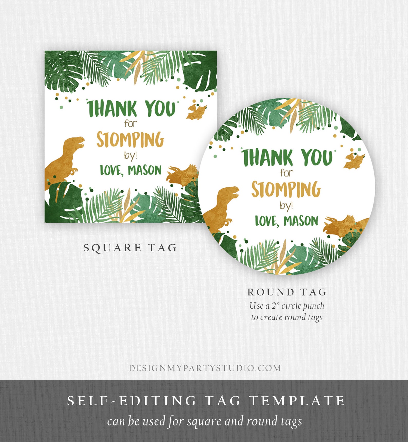 Editable Dinosaur Favor Tags Gift Tag Boy Green Gold Thank You - Etsy