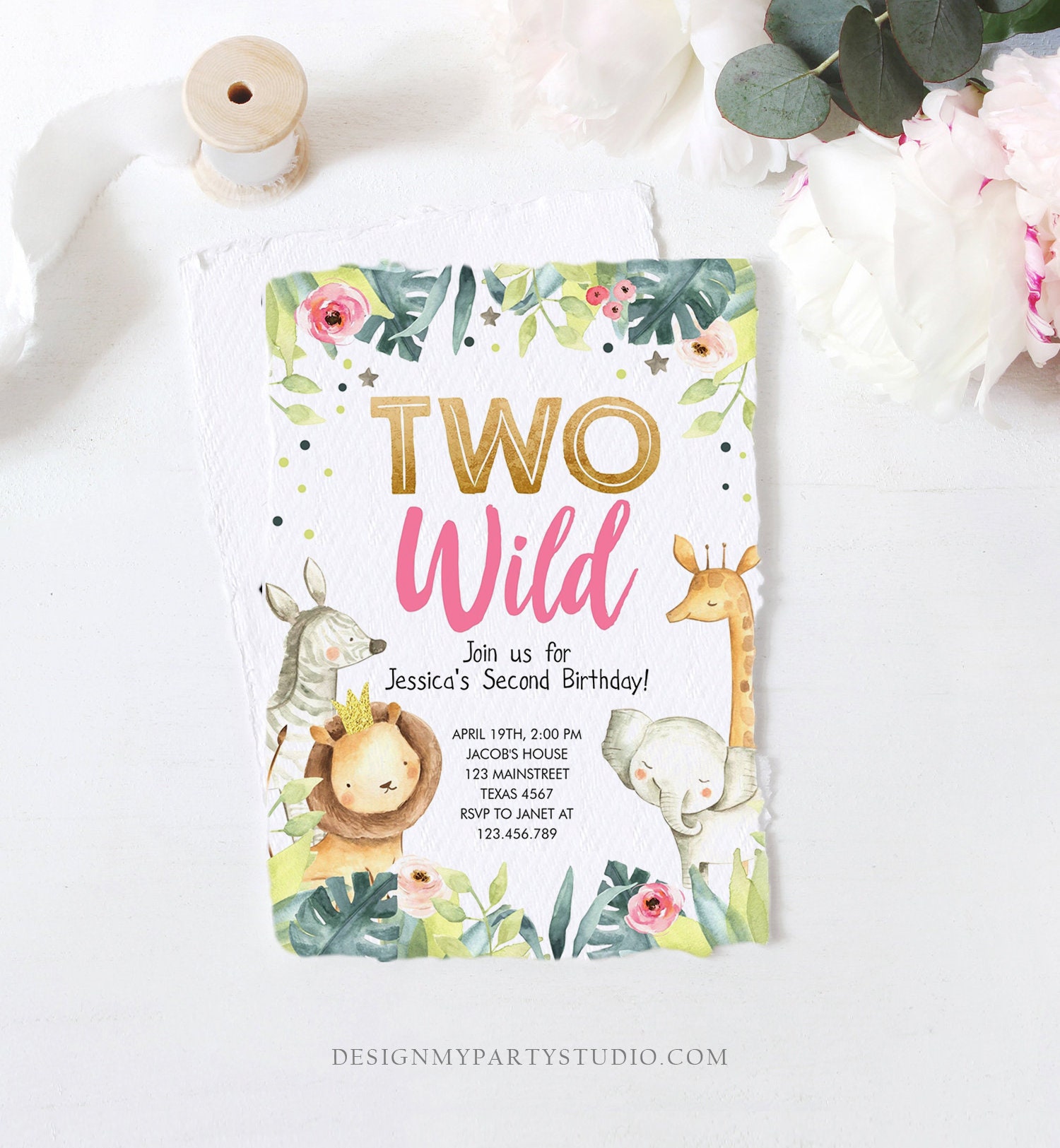 Editable Two Wild Birthday Invitation Girl Animals Invite | Etsy