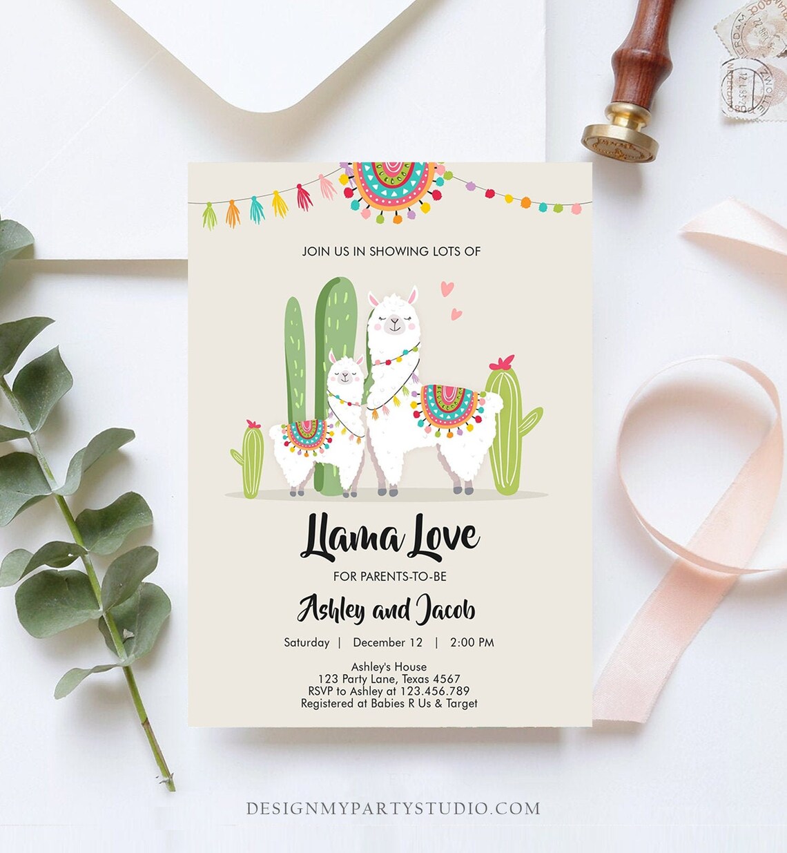 Editable Llama Baby Shower Invitation Llama Love Fiesta Cactus | Etsy