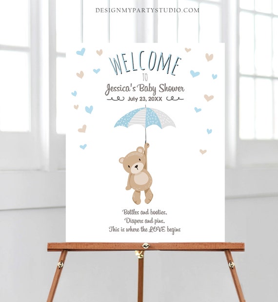 Editable Teddy Bear Welcome Sign Bear Baby Shower Blue Boy Welcome Sign ...
