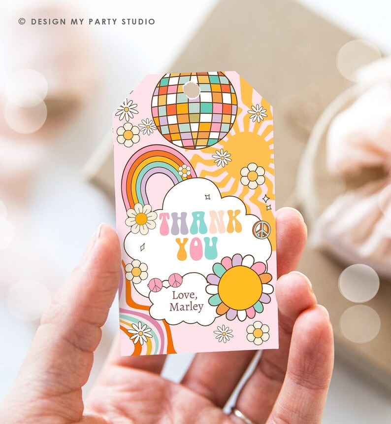 Editable Groovy Retro Favor Tag Disco Birthday Thank You Tag Girl Retro ...