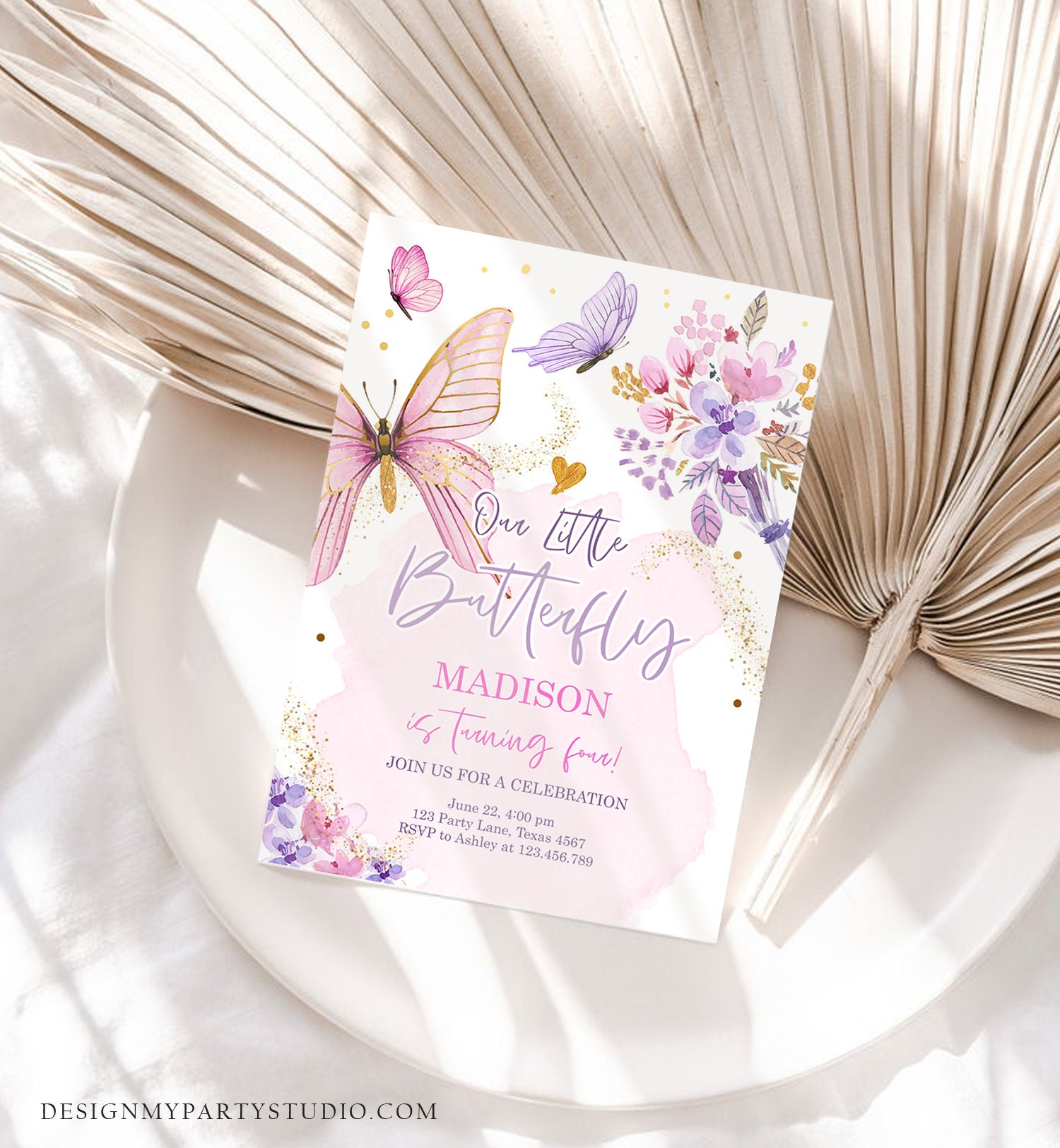 Editable Butterfly Birthday Invitation Girl Purple Butterfly Invite 1st ...