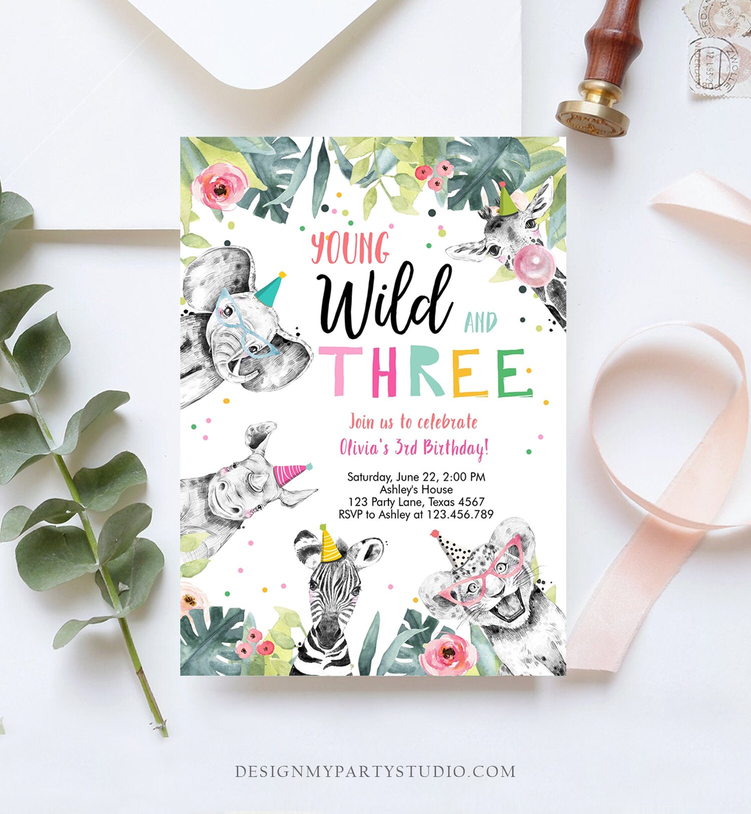 Editable Young Wild and Three Invitation Girl Pink and Gold - Etsy