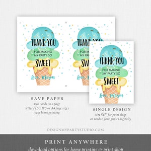 Editable Ice Cream Thank You Card Ice Cream Birthday Thank You Note Boy ...