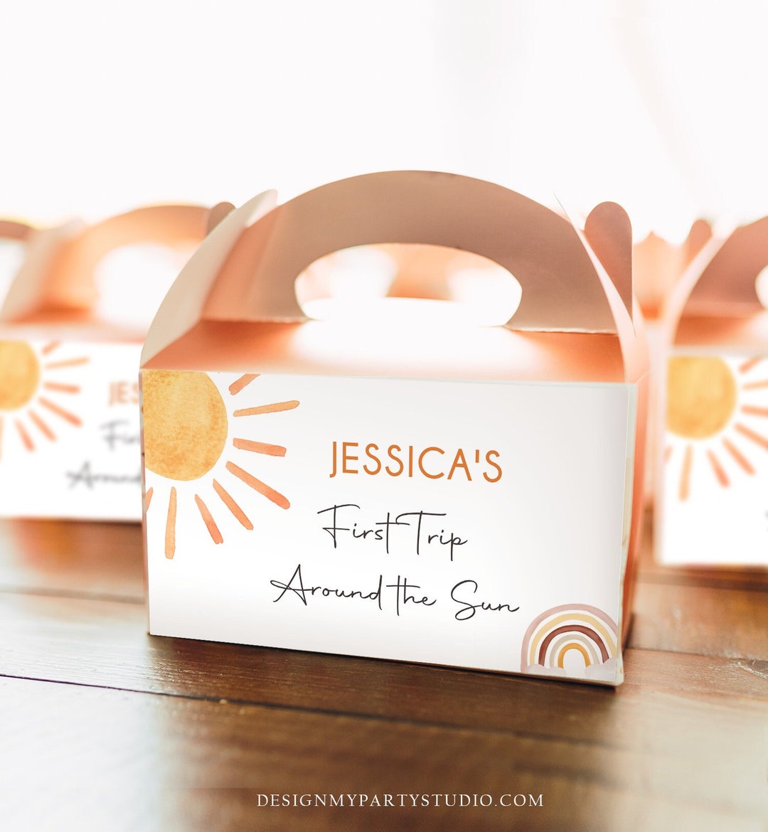 Editable Sun Birthday Party Gable Box Favor Label Boho Sun Gift Box ...
