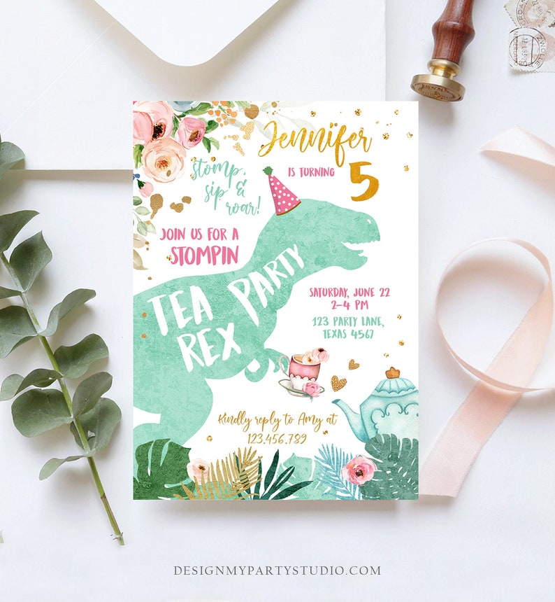 Editable Dinosaur Tea Party Invitation Tea Rex Birthday Par-tea Pink ...