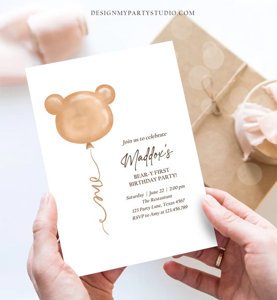 Editable Bear Birthday Invitation Bear Balloon Modern Teddy Bears ...
