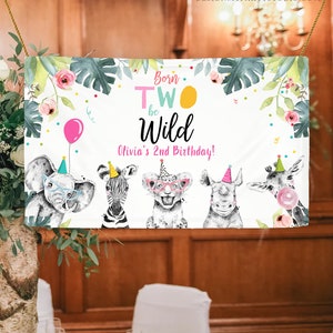 Editable Party Animals Birthday Backdrop Banner Safari Animals Girl ...