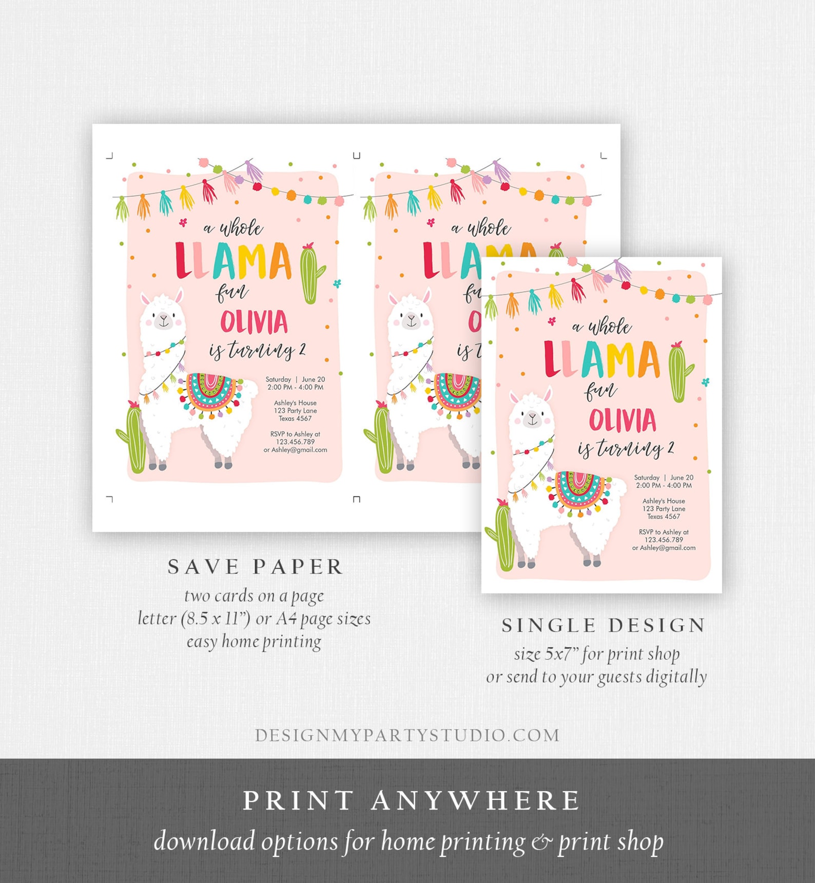 Editable Whole Llama Fun Birthday Invitation Llama Cactus - Etsy