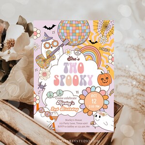 Editable Groovy Halloween Two Spooky Birthday Invitation Pink - Etsy