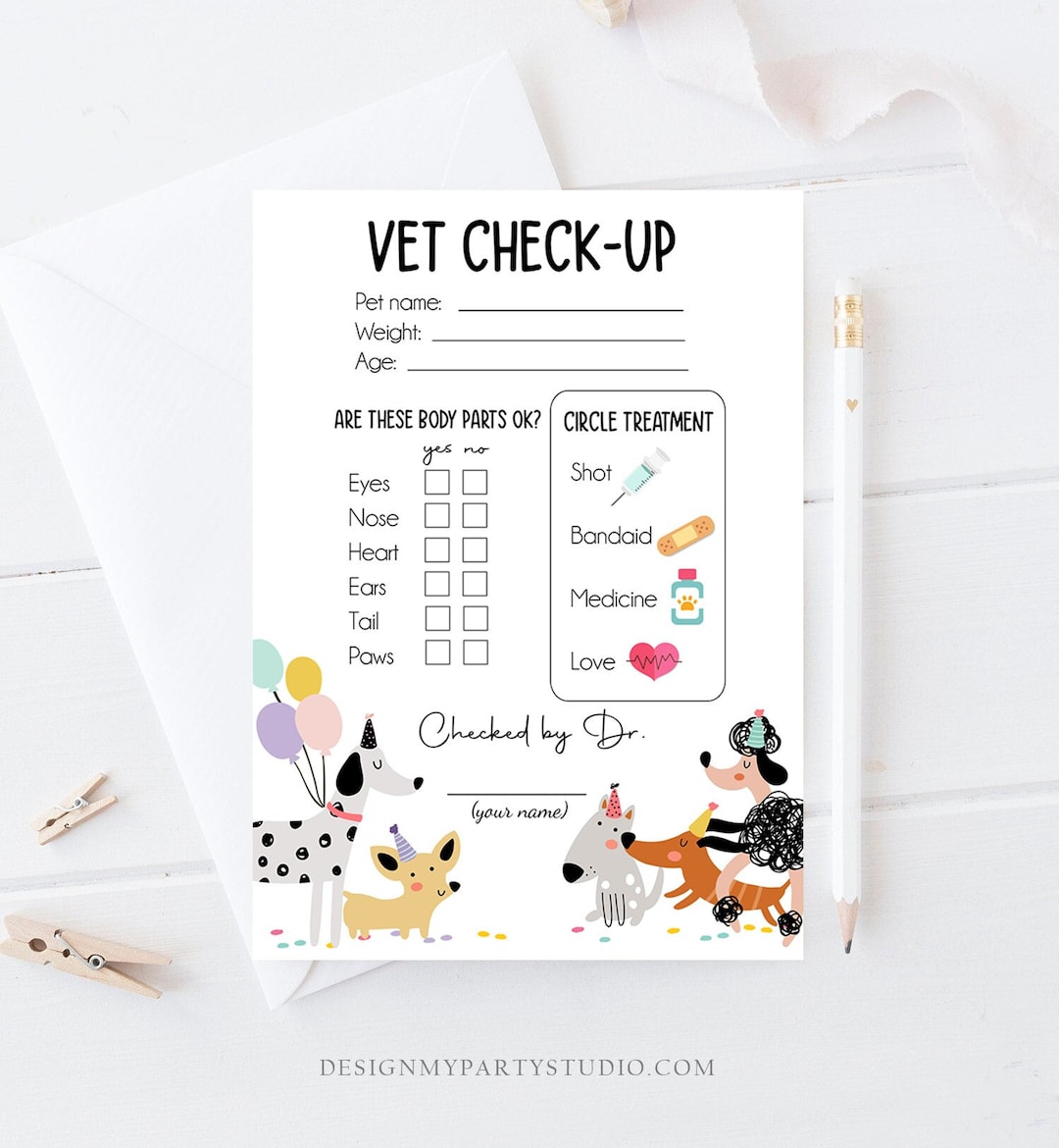 Vet Check up Exam Sheet Pet Check-up Dog Birthday Party Puppy Party ...