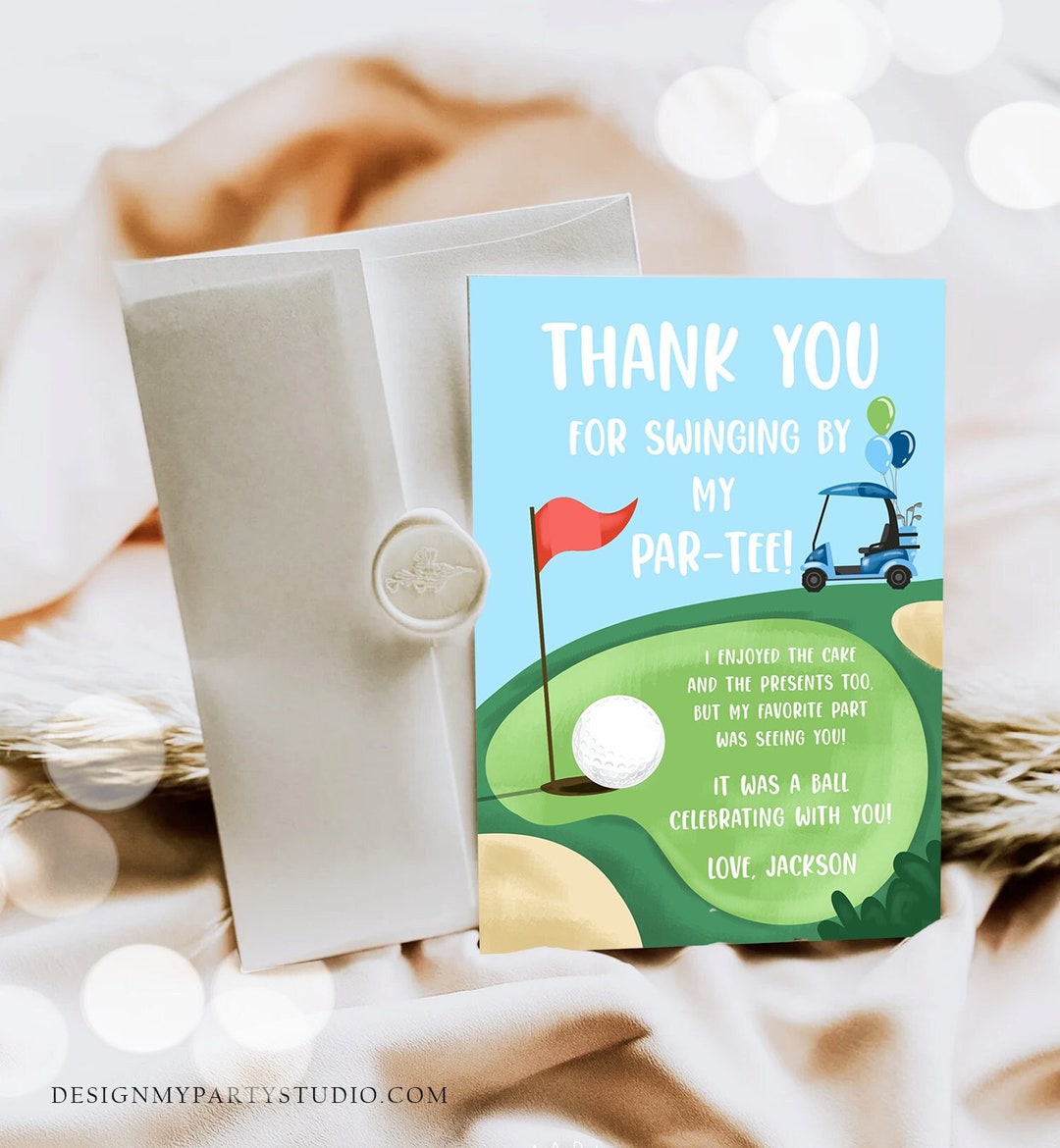 Editable Golf Thank You Card Golfing Birthday Par-tee Swinging by Hole ...