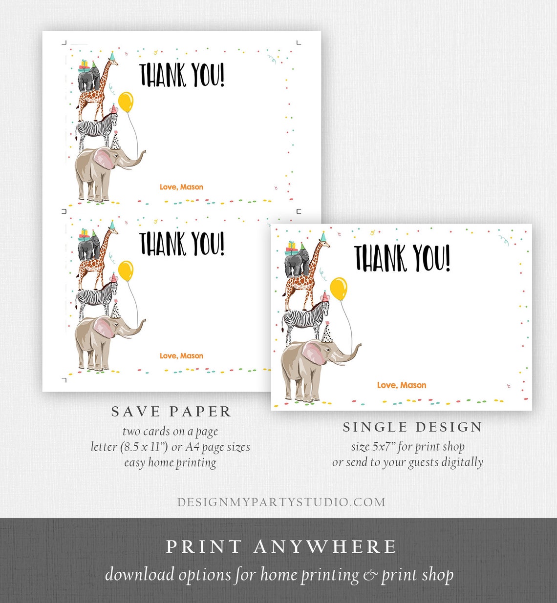Editable Party Animals Thank You Card Note Wild One Safari - Etsy