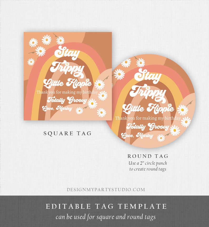 Editable Groovy 1st Favor Tag Retro Daisy Birthday Thank You Sticker ...