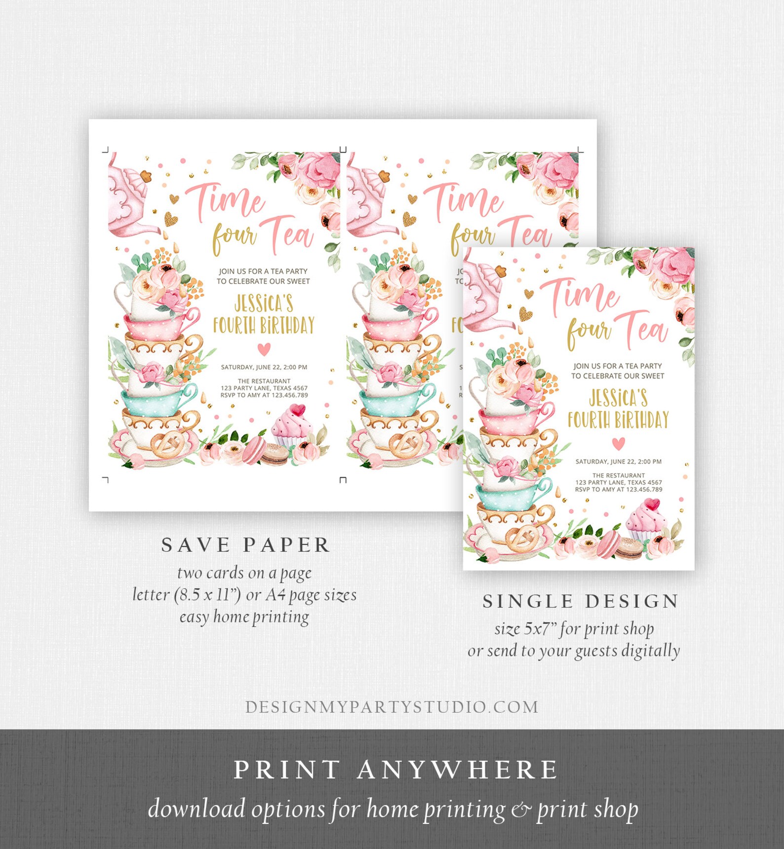 Editable Time Four Tea Birthday Invitation Girl Tea Party - Etsy