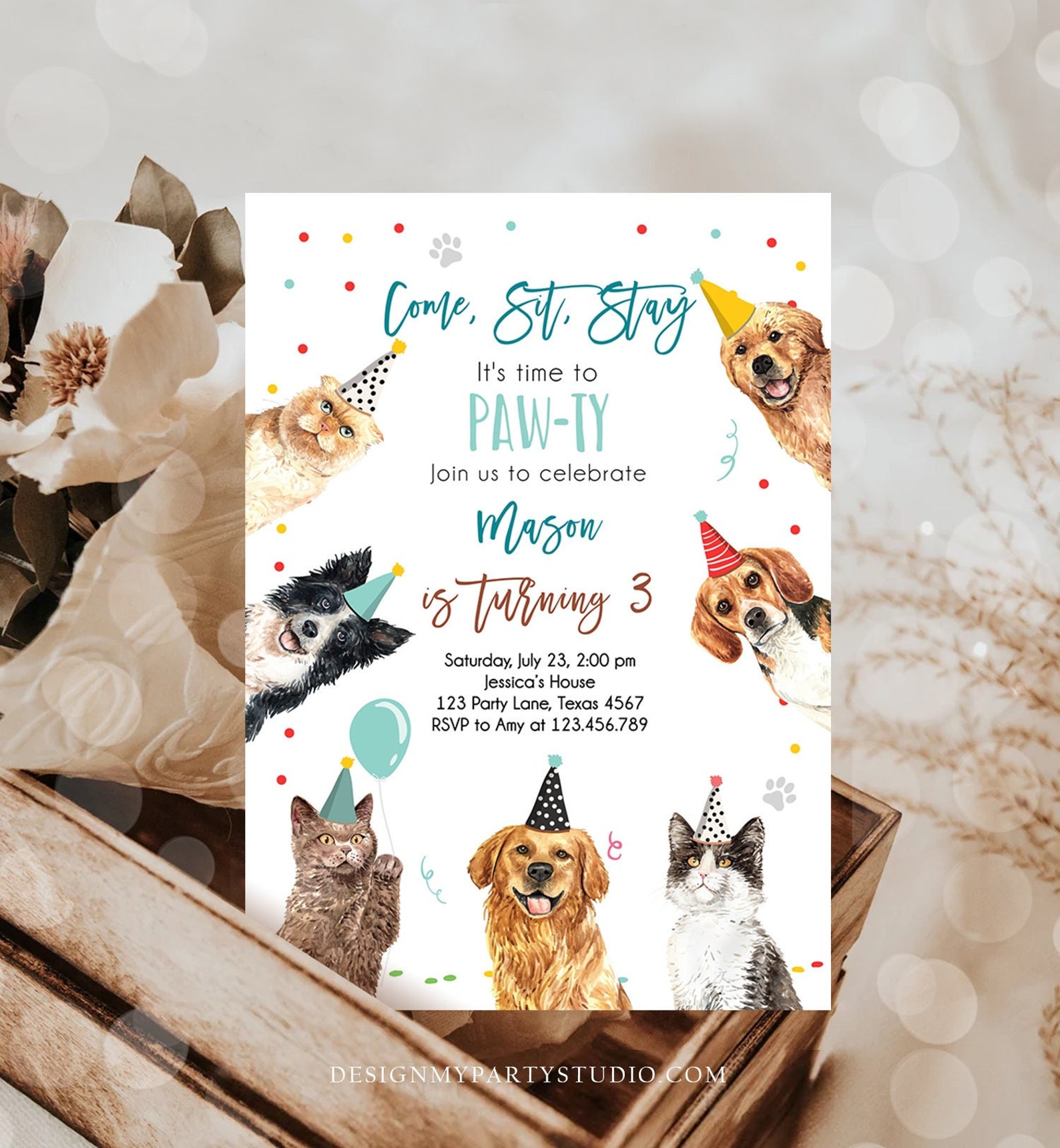 Editable Cats and Dogs Birthday Invitation Cat Dog Birthday Party Boy ...