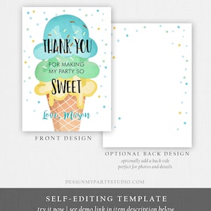 Editable Ice Cream Thank You Card Ice Cream Birthday Thank You Note Boy ...
