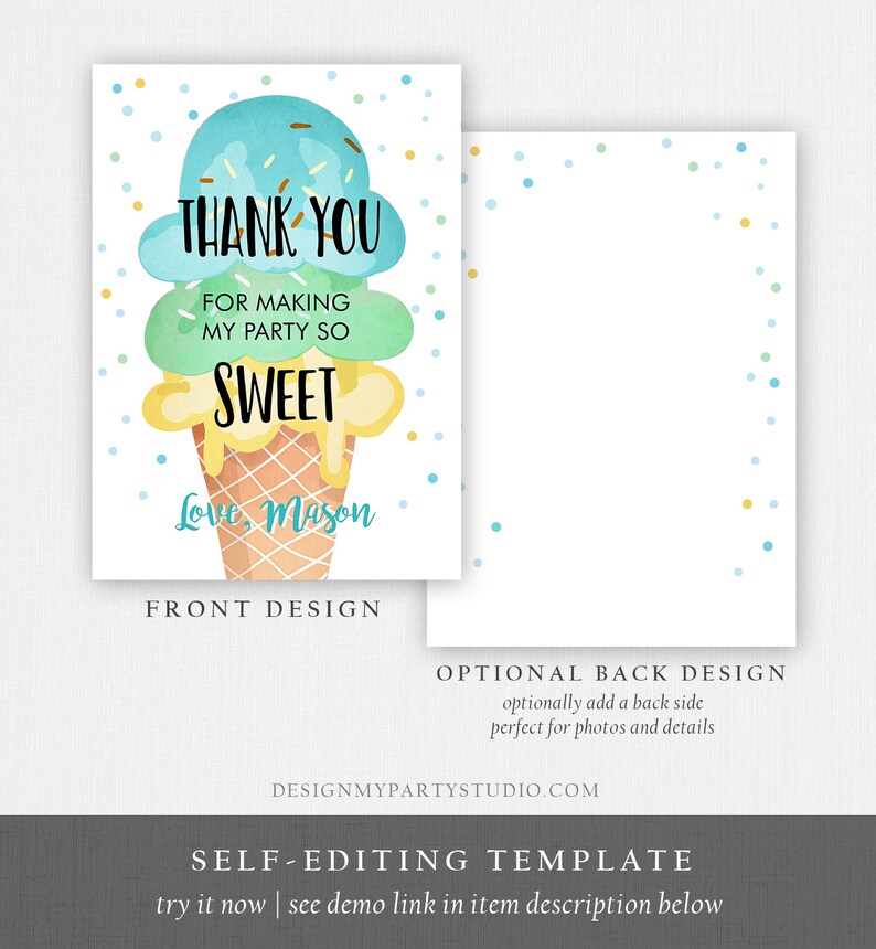 Editable Ice Cream Thank You Card Ice Cream Birthday Thank You - Etsy
